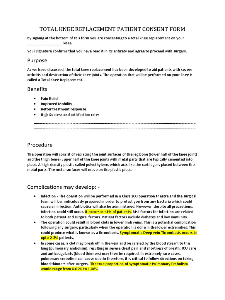 Total Knee Replacement - Informed Consent Form | PDF