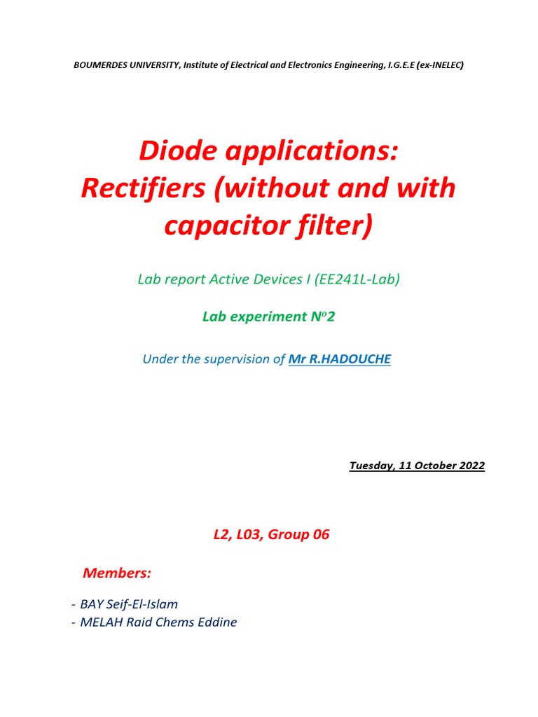 Lab Experiment N 2, Diode Applications Rectifiers | PDF | Rectifier | Direct Current