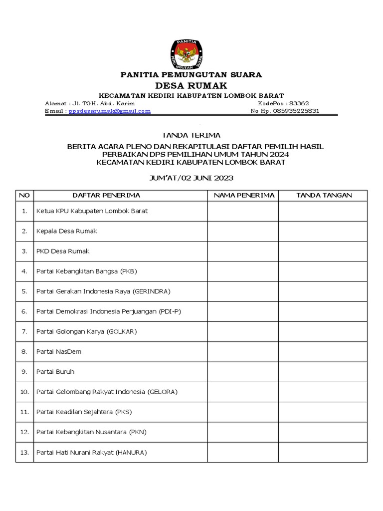 Tanda Terima Penyerahan BA & Form Model A Rekap DPSHP | PDF