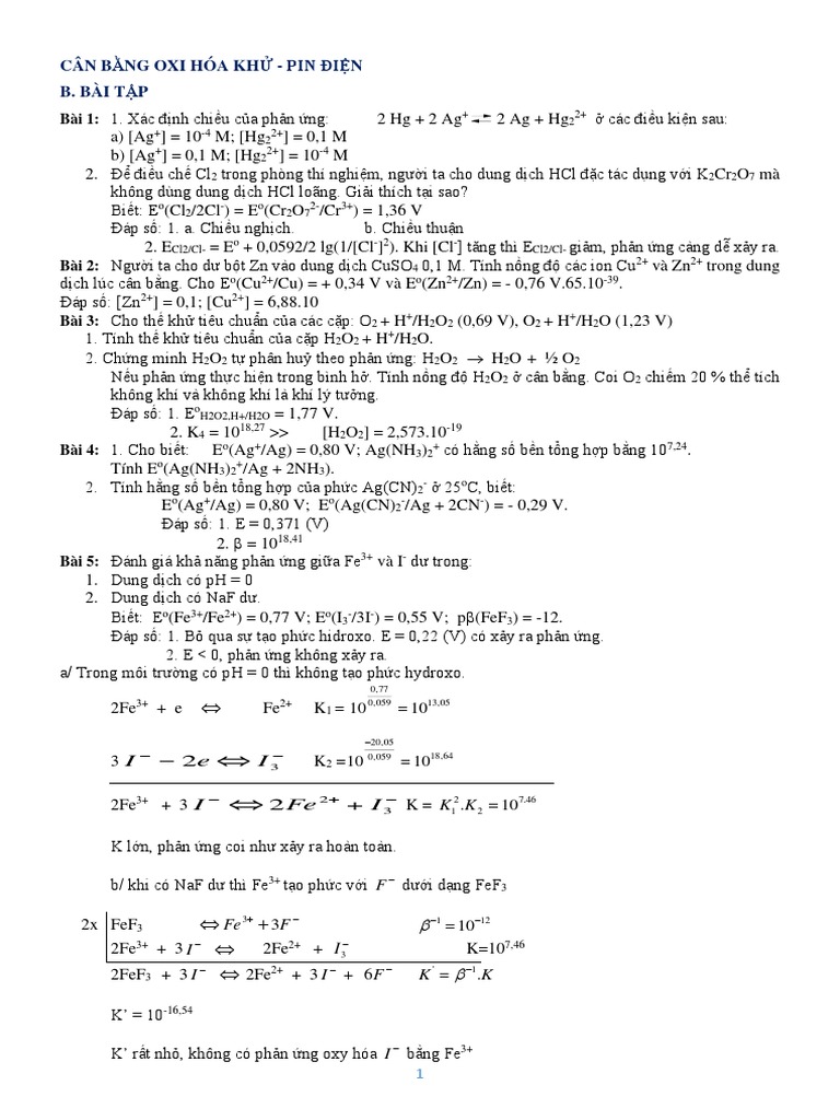 Cân Bằng Oxh k Pin Điện Đáp Án Bt | PDF