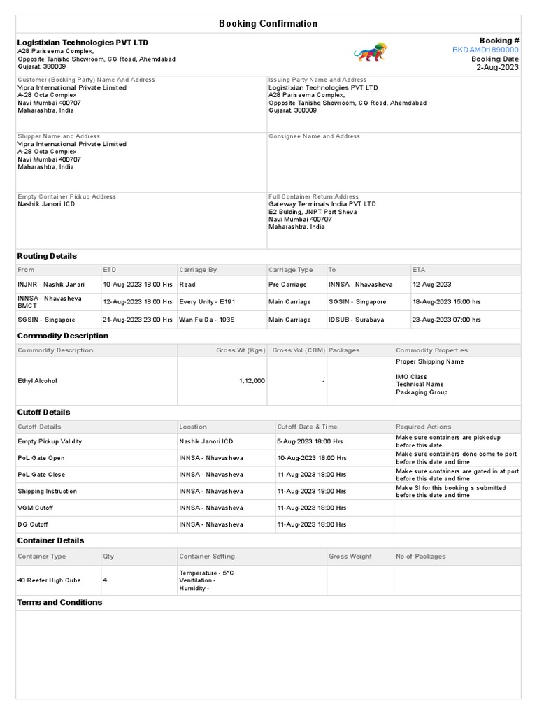 Booking Confirmation for Shipping Logistics | PDF