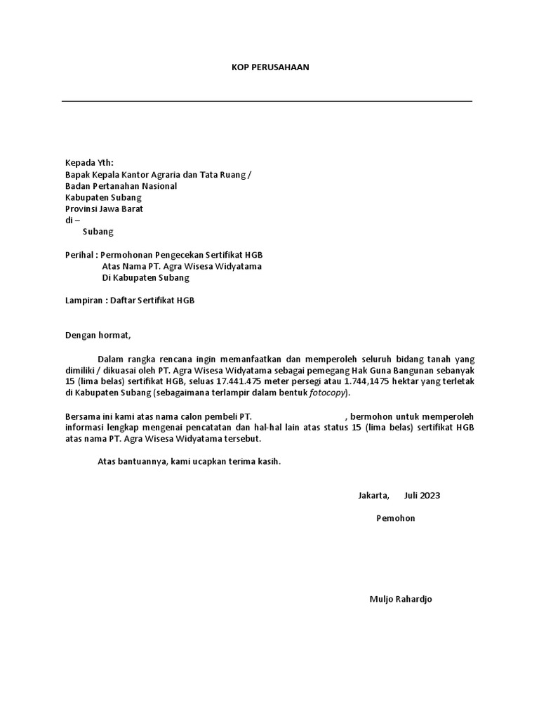 Surat Permohonan Pengecekan HGB | PDF