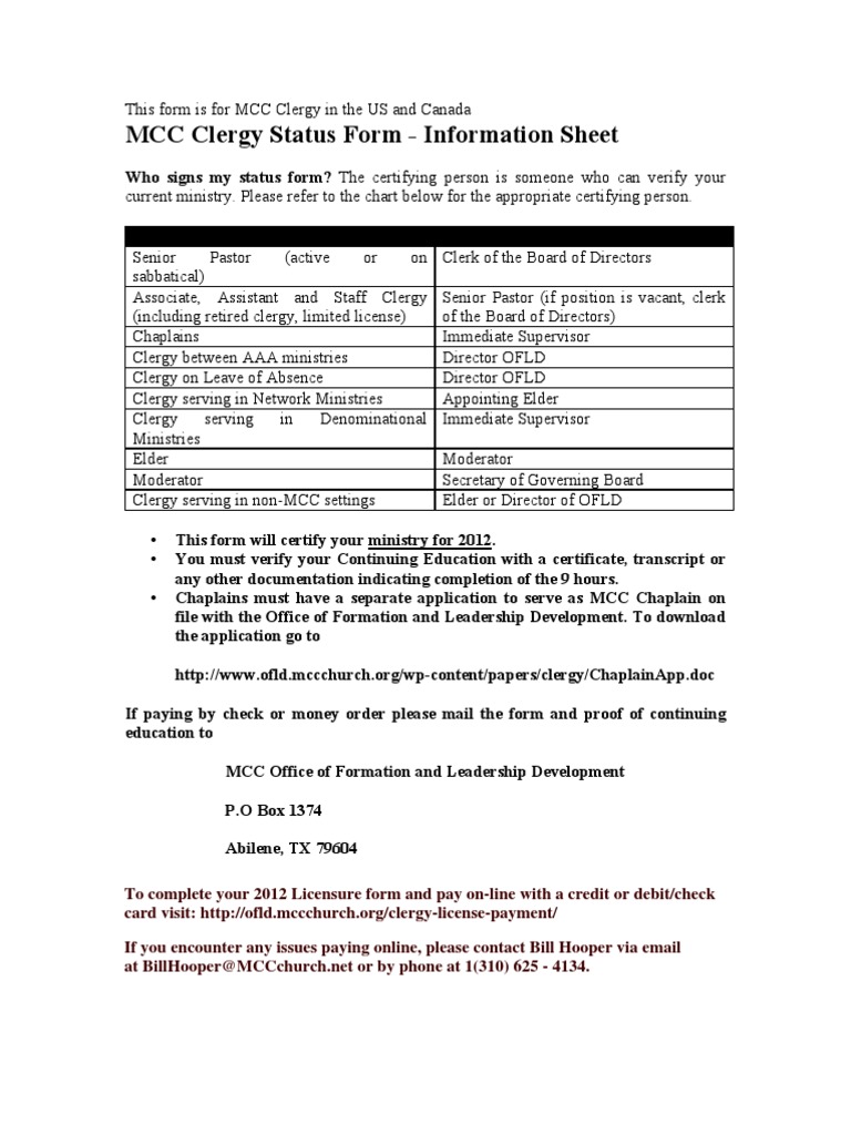 MCC Clergy Status Form - Information Sheet | PDF | Clergy | Christianity