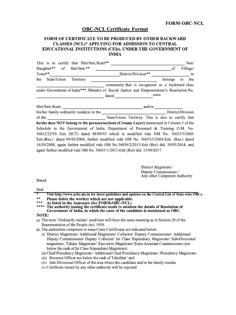 Obc NCL Formate | PDF
