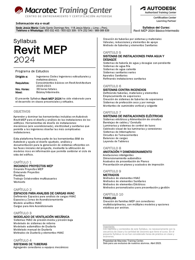 Syllabus Revit MEP 2024 - Macrotec Training Center | PDF
