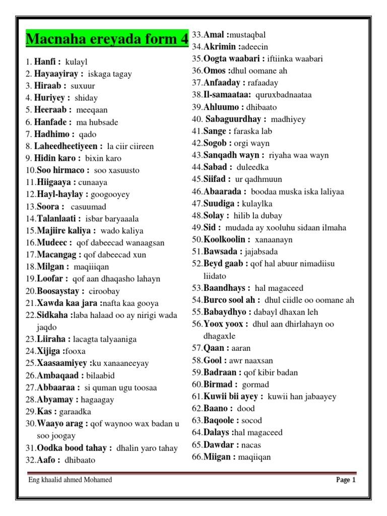 Macnaha Ereyada Form 4: Eng Khaalid Ahmed Mohamed | PDF
