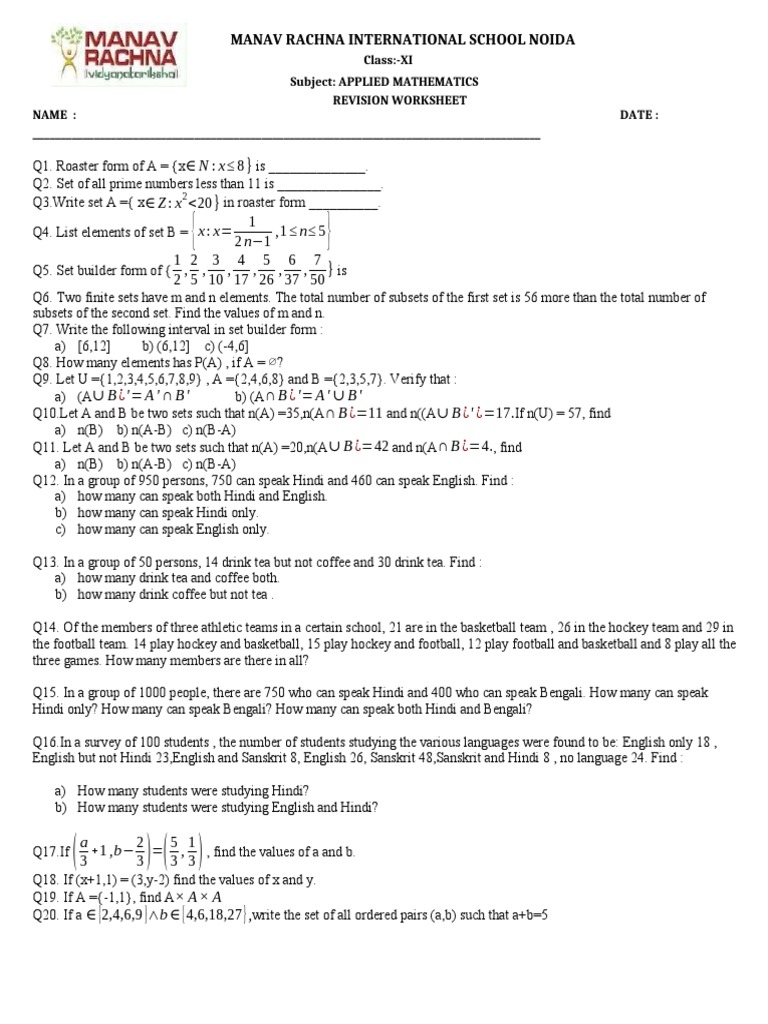 Xi Math CH-1 Worksheet | PDF