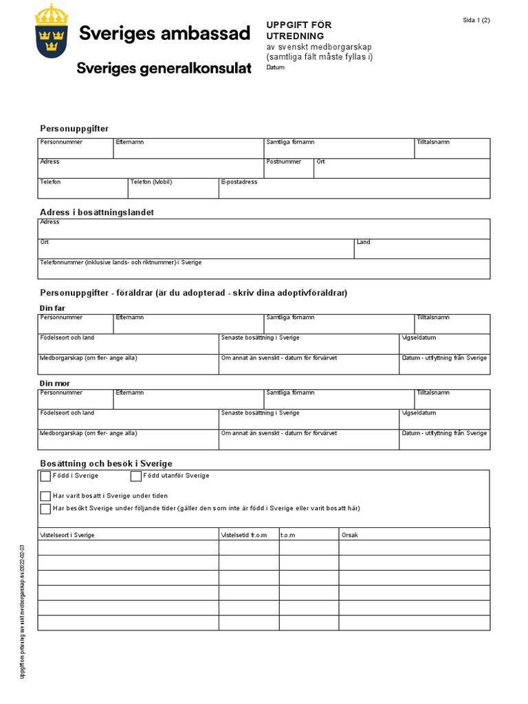 Uppgift För Utredning Av Svenskt Medborgarskap - SV Sa2 | PDF