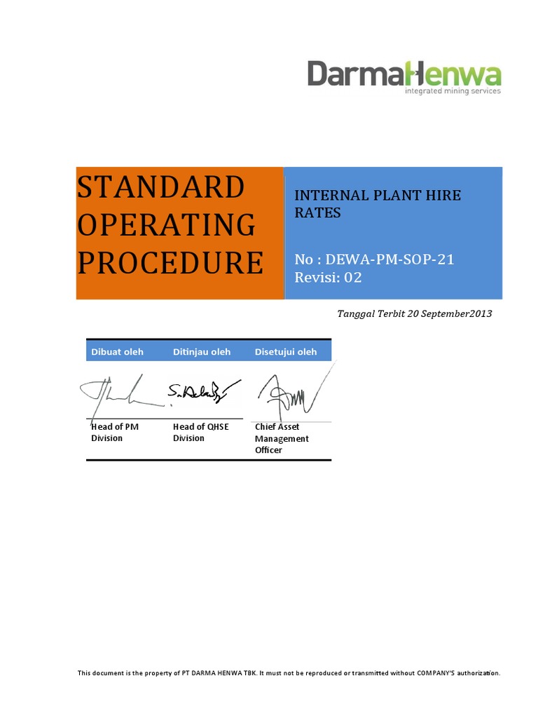 DEWA-PM-SOP-21. INTERNAL PLANT HIRE RATES-Rev02 | PDF