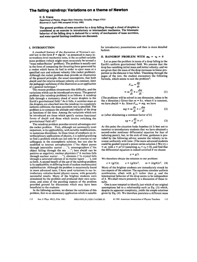 The falling raindrop: Variations on a theme of Newton | PDF