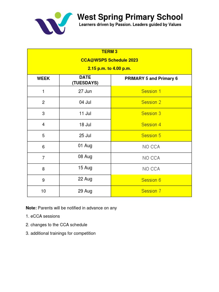 TERM 3 CCA Schedule 2023 - Primary 5 and Primary 6 | PDF