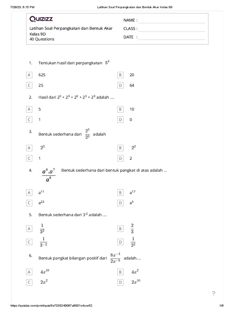 Latihan Soal Perpangkatan Dan Bentuk Akar Kelas 9D | PDF