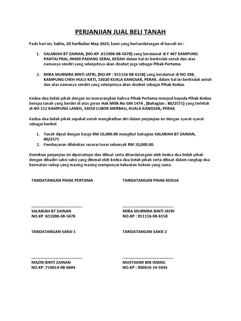 Template Perjanjian Jual Beli Tanah | PDF