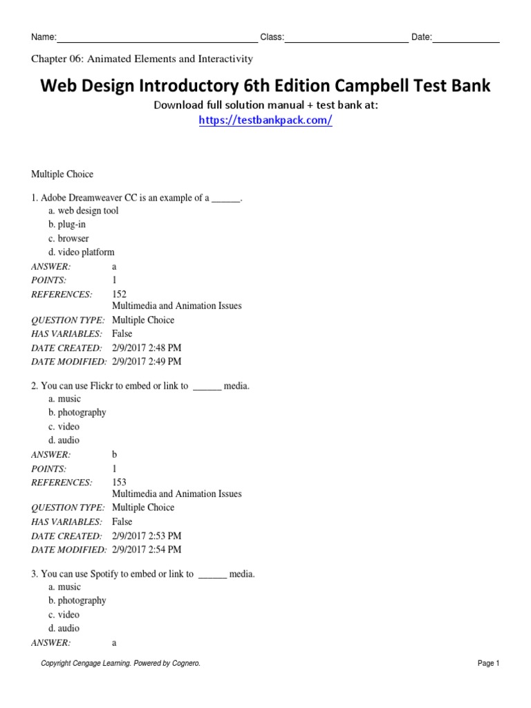 Web Design Introductory 6th Edition Campbell Test Bank Download | PDF