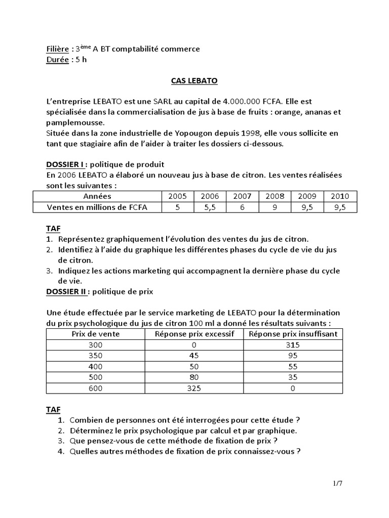 Exercice Et Corrige Marketing 3a BT Omptabilite Commerce | Download grátis PDF | Sodles | Business