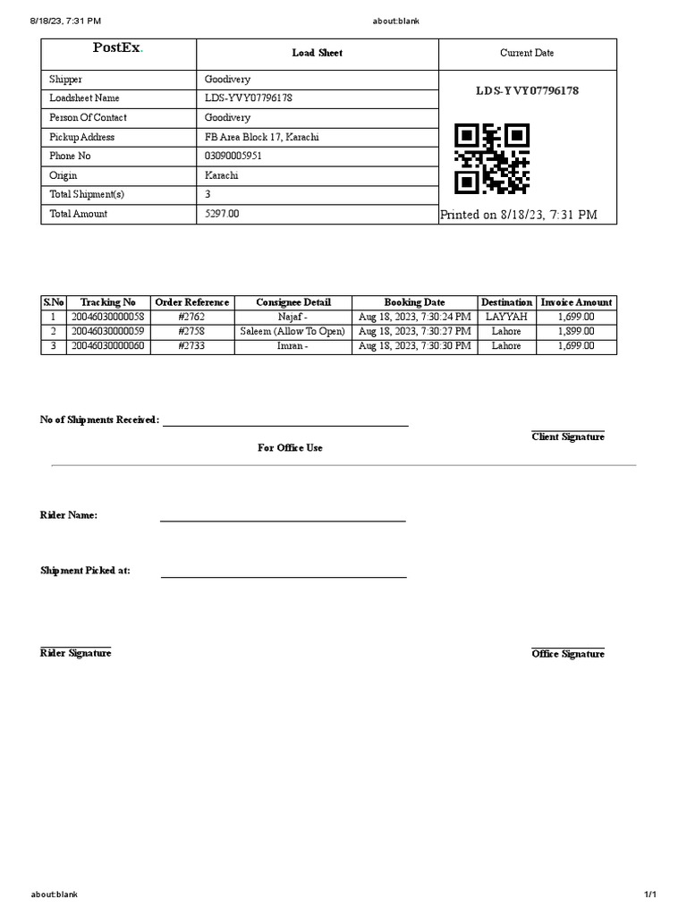 Postex Receiving Sheet 18-8 | PDF