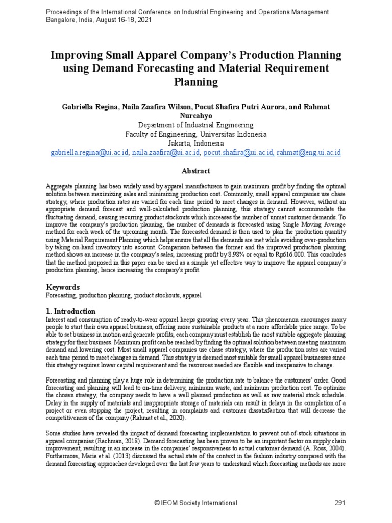 Improving Small Apparel Company's Production Planning Using Demand Forecasting and Material ...