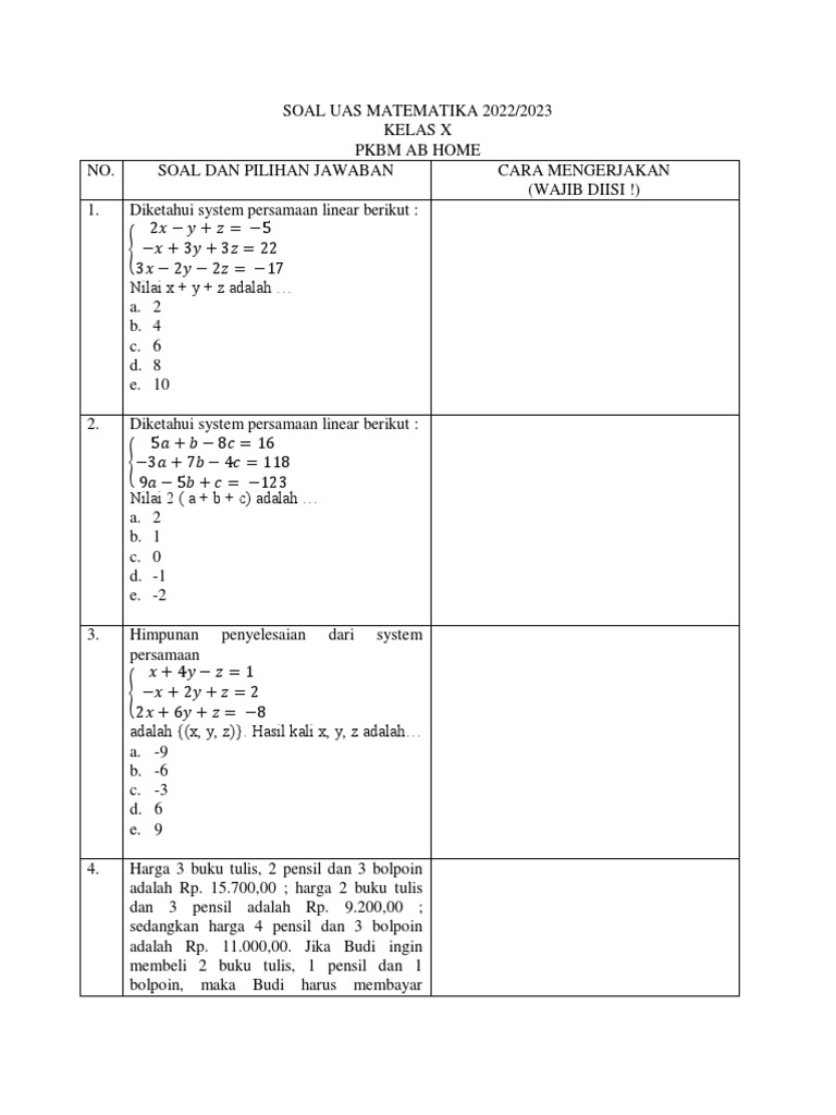 Soal Uas MTK Kls 10-1 | PDF