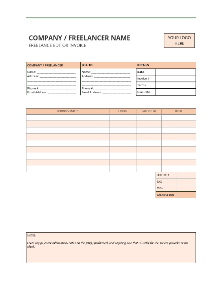 Freelance Editor Invoice Template | PDF