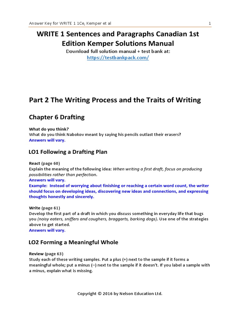 WRITE 1 Sentences and Paragraphs Canadian 1st Edition Kemper Solutions ...