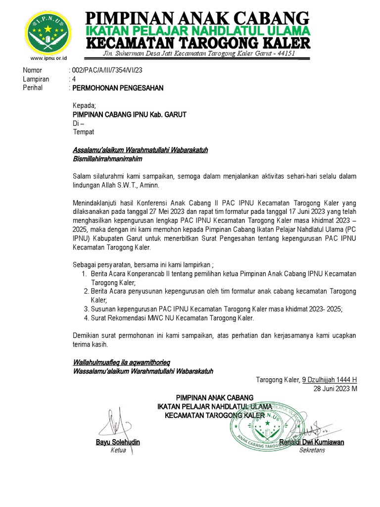 Surat Permohonan Pengesahan PAC IPNU | PDF