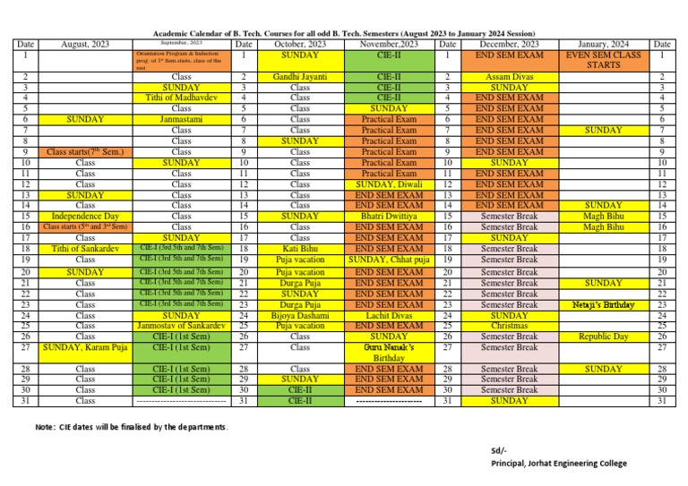 Academic Calender JEC 2023-2024 ODD SEMESTER | PDF