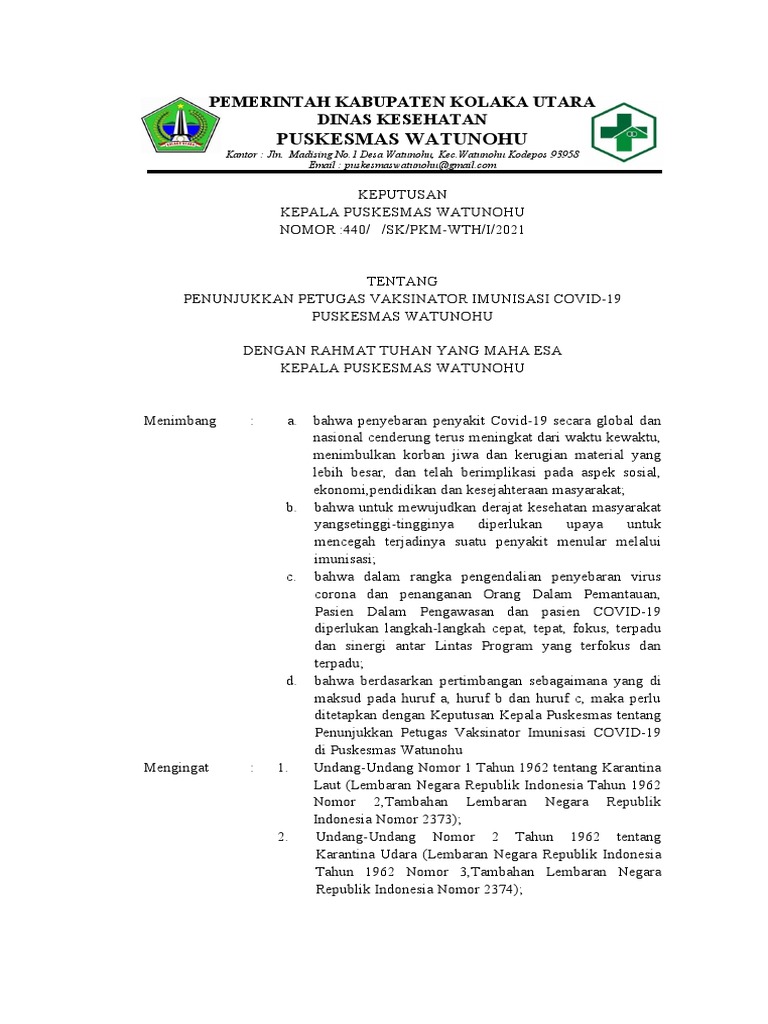 SK Vaksinator Covid-19 2021 PKM-WTH | PDF