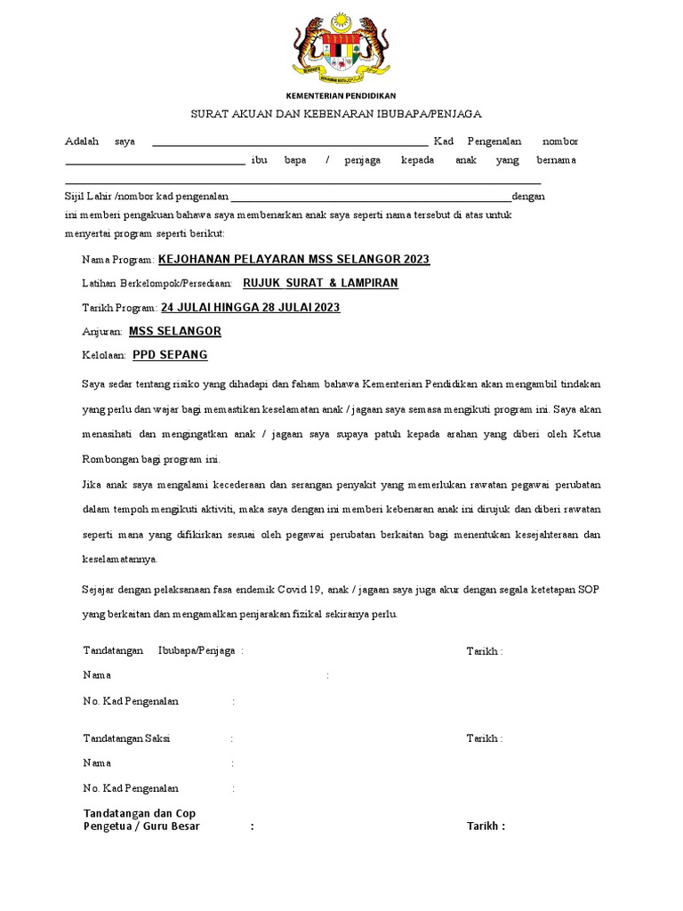 1&2. Borang Kebenaran Ibubapa - Akuan Kesihatan PELAYARAN MSSS | PDF