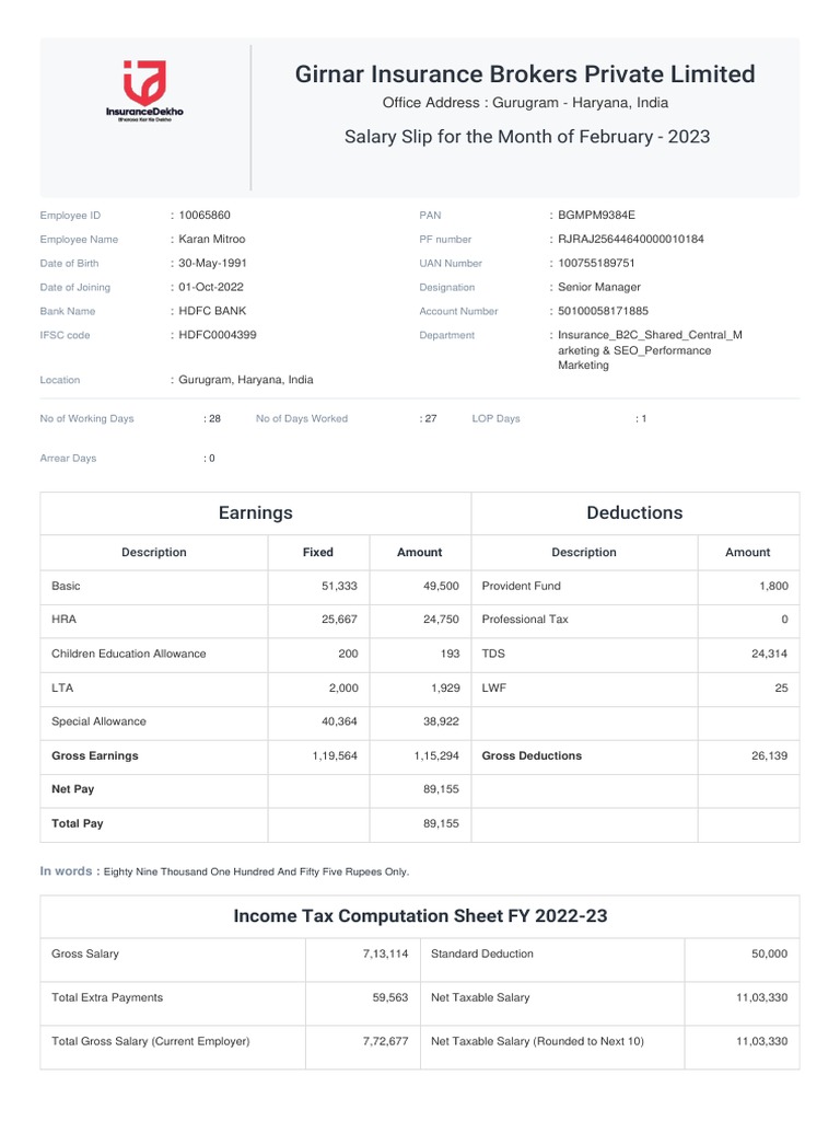 Girnar Insurance Brokers Private Limited: Salary Slip For The Month of February - 2023 | PDF ...