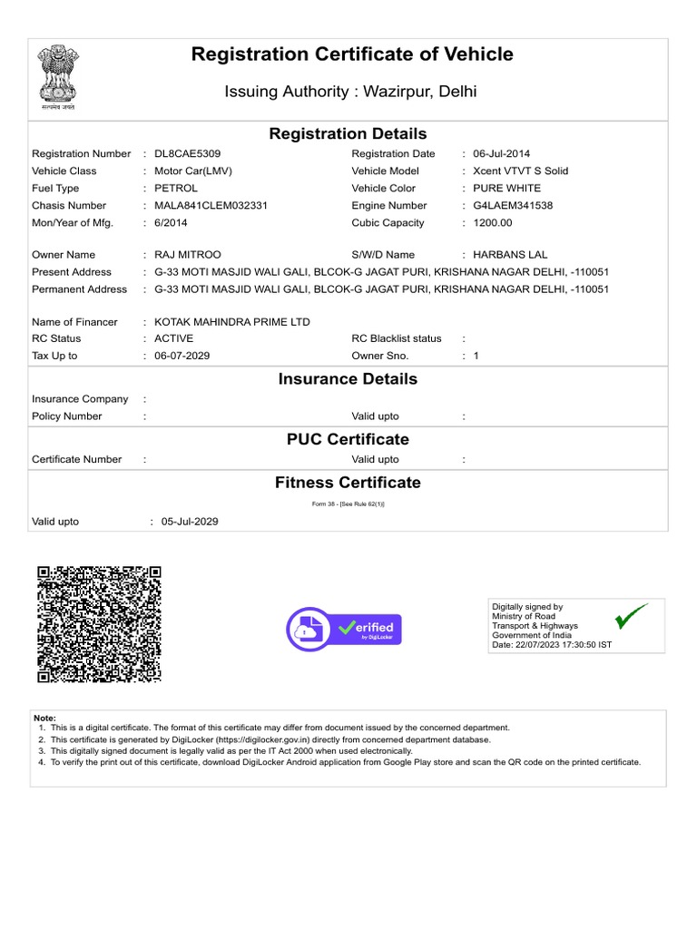 Registration Certificate of Vehicle: Issuing Authority: Wazirpur, Delhi ...