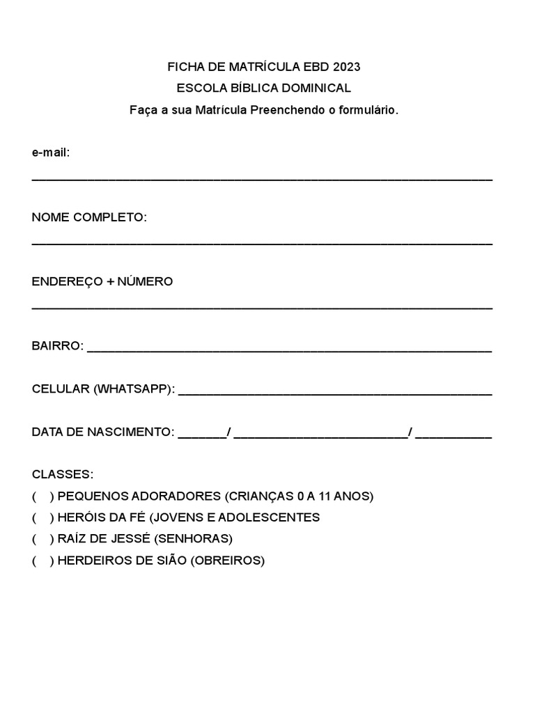 Ficha de Matrícula Ebd 2023 | PDF