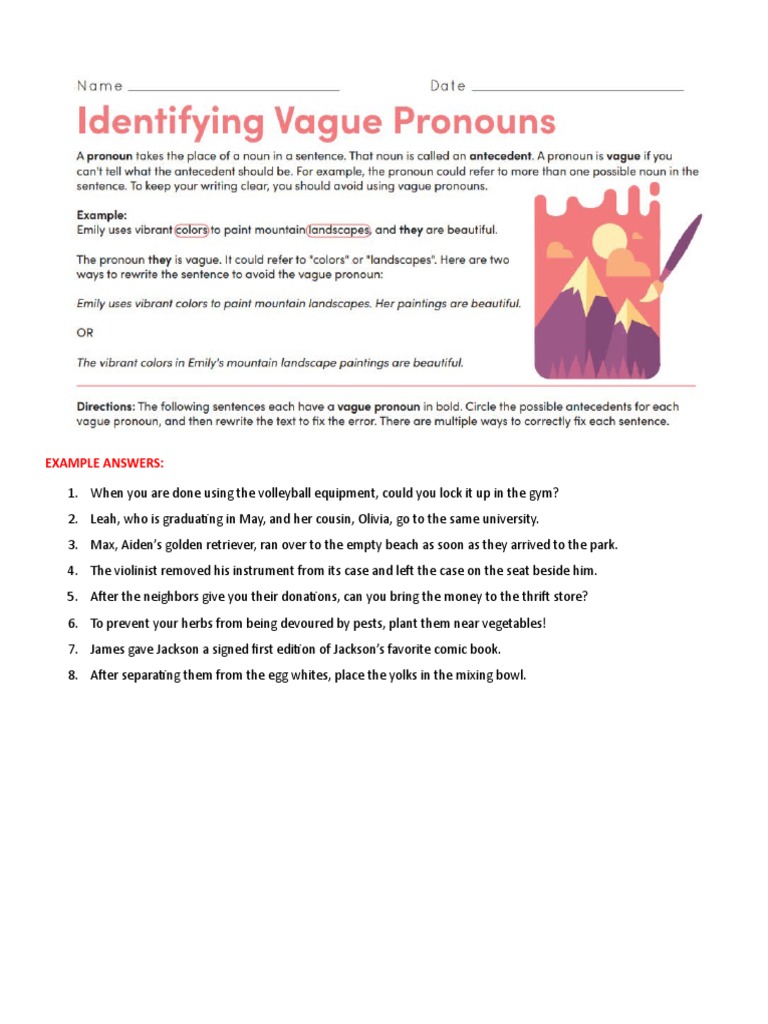 Identifying Vague Pronouns Practice ANSWER KEY | PDF