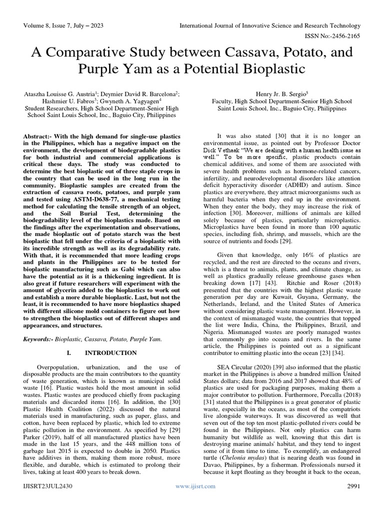 A Comparative Study Between Cassava, Potato, and Purple Yam As A ...