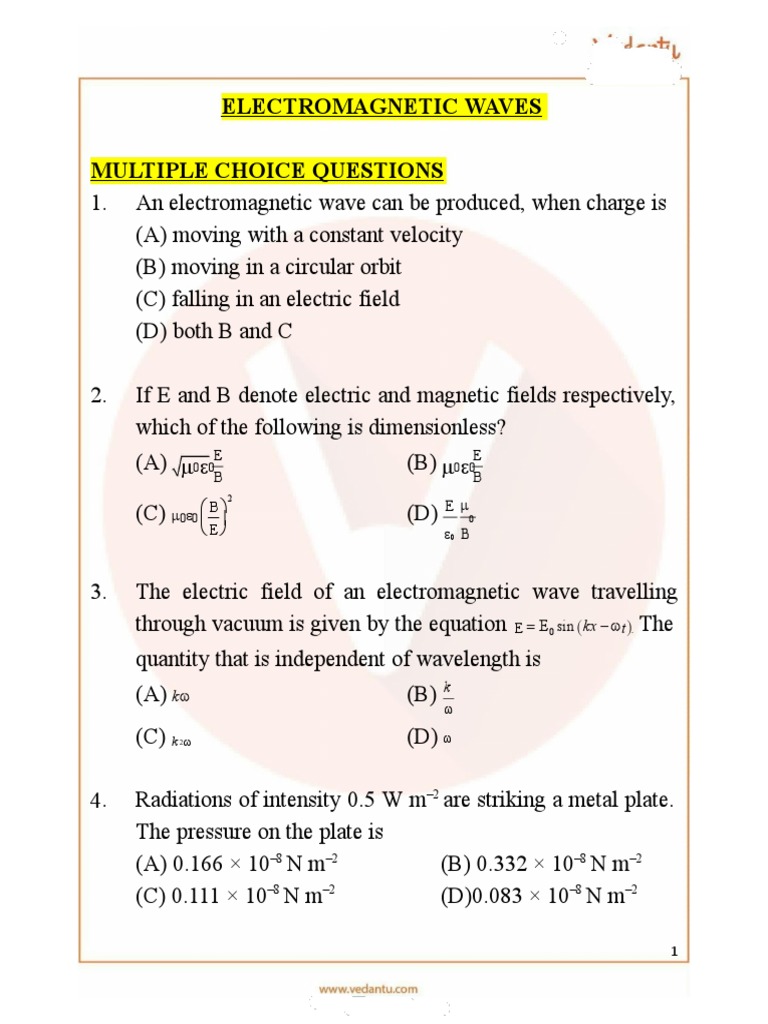 JEE Mains Electromagnetic Waves MCQs | PDF | Electromagnetic Radiation ...