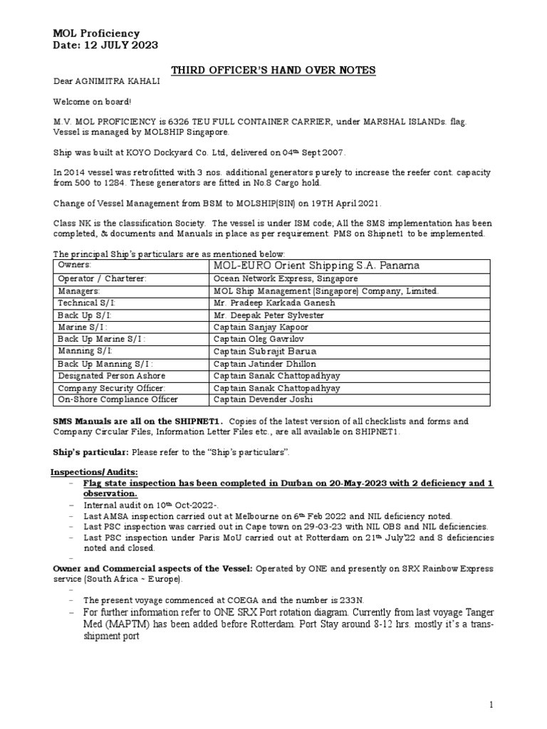 Third Officer's Handover Notes - MOL Proficiency | PDF | Water ...