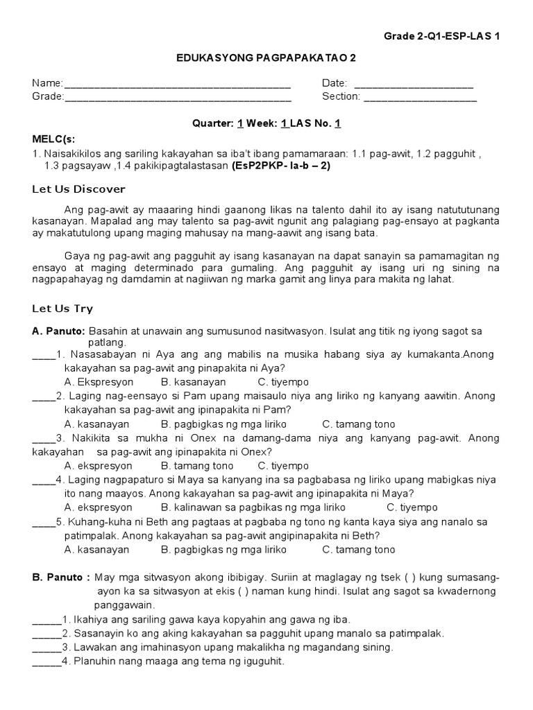 Grade 2 q1 Esp Las 1 | PDF