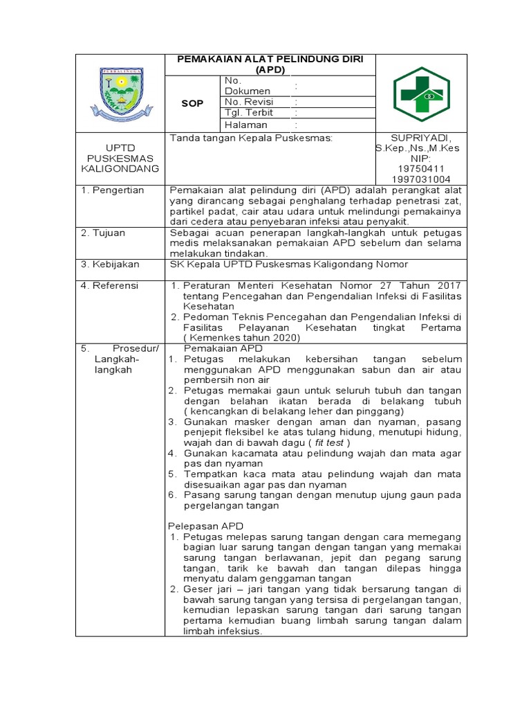 BAB 5.4 SOP Pemakaian APD PUSKESMAS KALIGONDANG | PDF