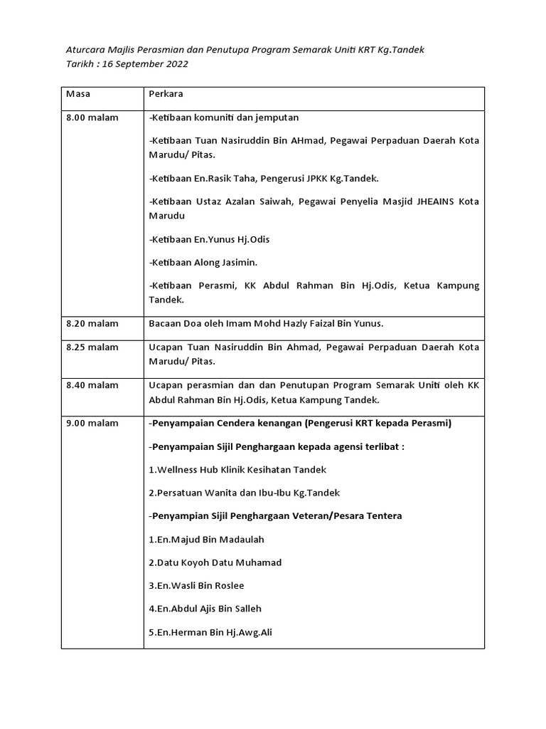 Aturcara Majlis Perasmian Dan Penutupa Program Semarak Uniti KRT KG | PDF