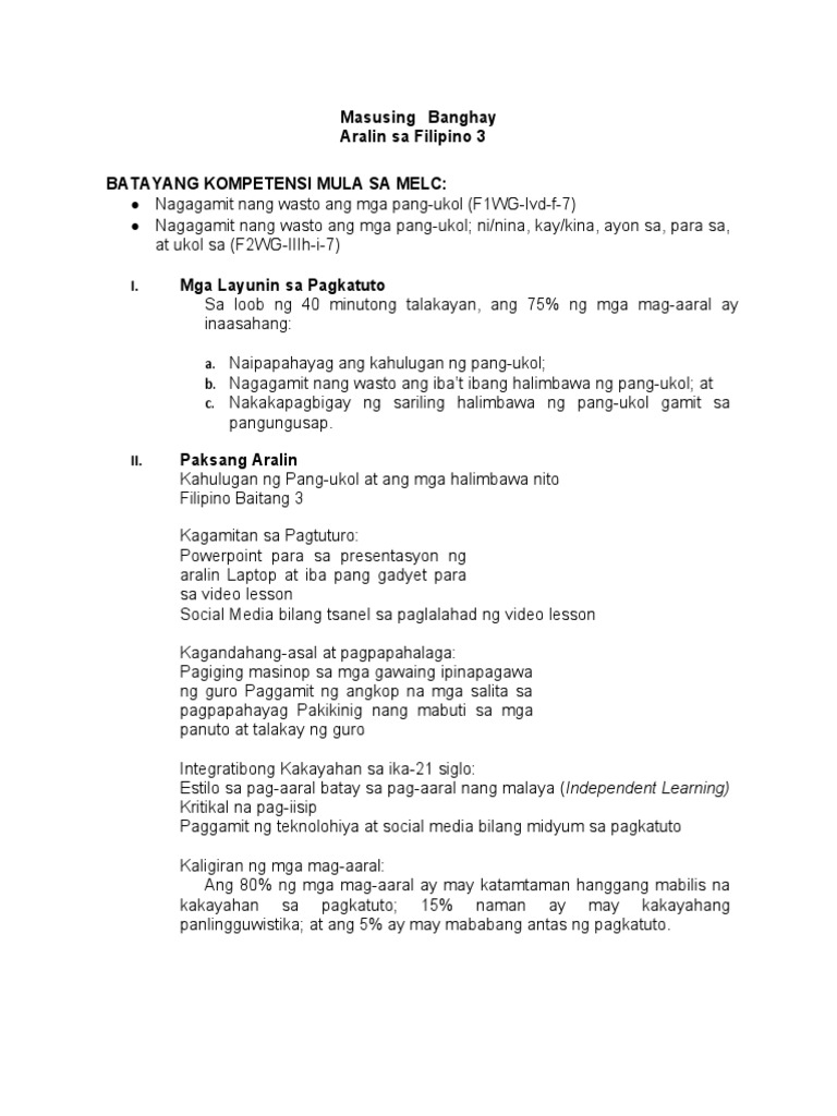 Masusing Banghay Aralin Sa Filipino 3 PANG-UKOL | PDF