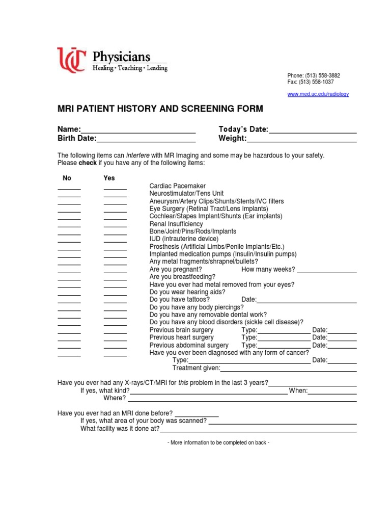 Mri Screening Form2 | PDF | Implant (Medicine) | Magnetic Resonance Imaging