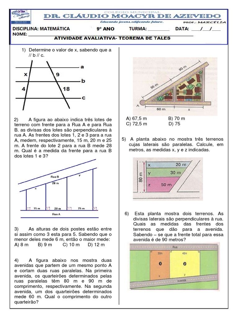 Atividade Avaliativa Teorema de Tales | PDF