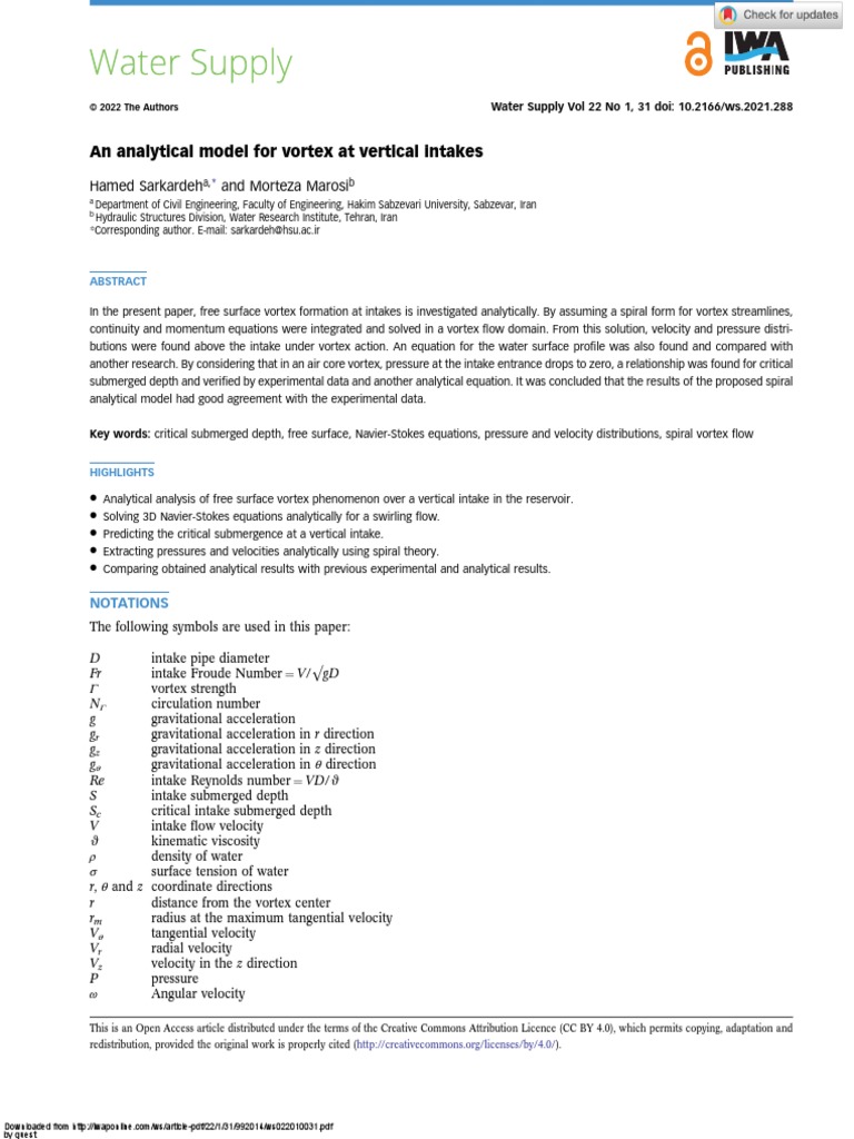 An Analytical Model For Vortex at Vertical Intakes | PDF