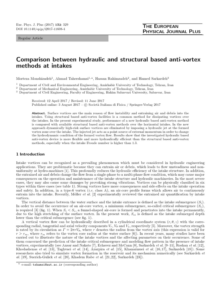Comparison Between Hydraulic and Structural Based Anti-Vortex Methods at Intakes | PDF
