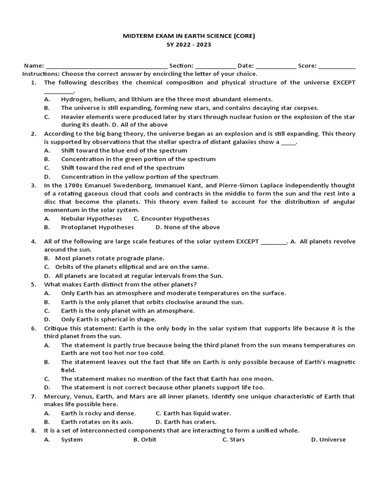 Midterm Earth Science | PDF | Earth | Water