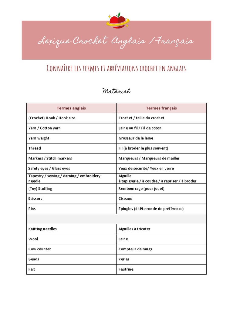Lexique Crochet Anglais Luniversdelalu | PDF
