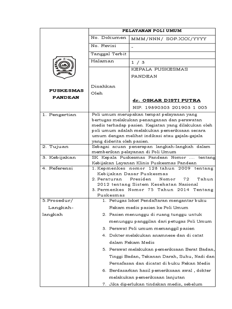 Sop Pelayanan Poli Umum Puskesmas | PDF
