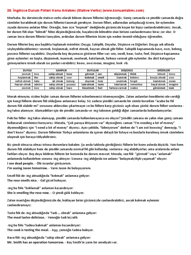PDF Ngilizce Durum Fiilleri Konu Anlatm Stative Verbs - Compress | PDF