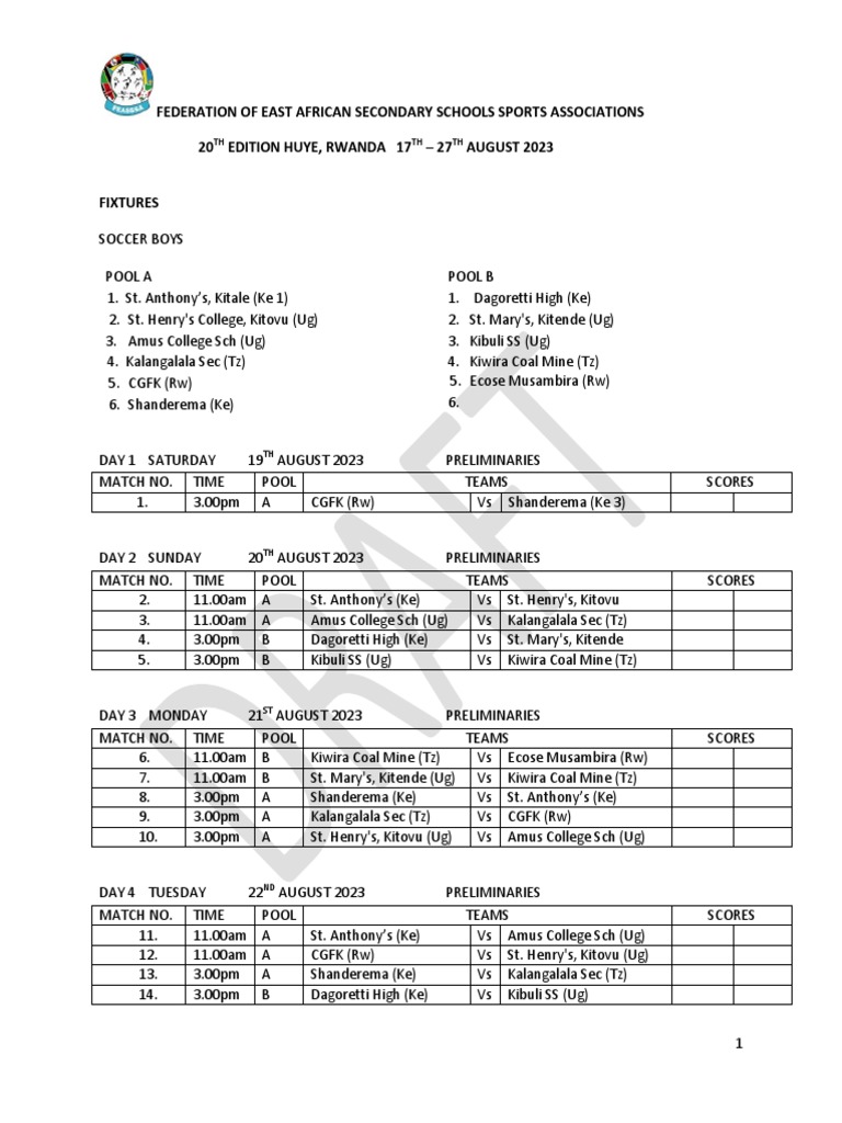 FEASSSA Fixtures 2023 Huye, Rwanda-1 | PDF | Social Science