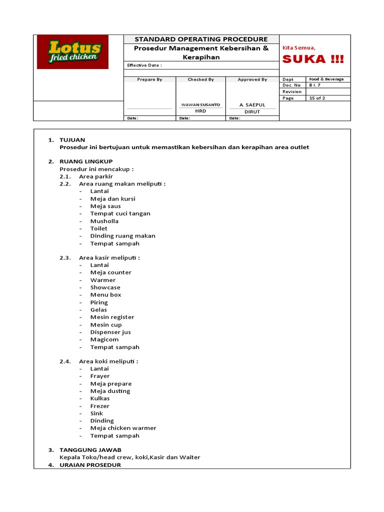 SOP B I. 7 (Management Kebersihan & Kerapihan) | PDF