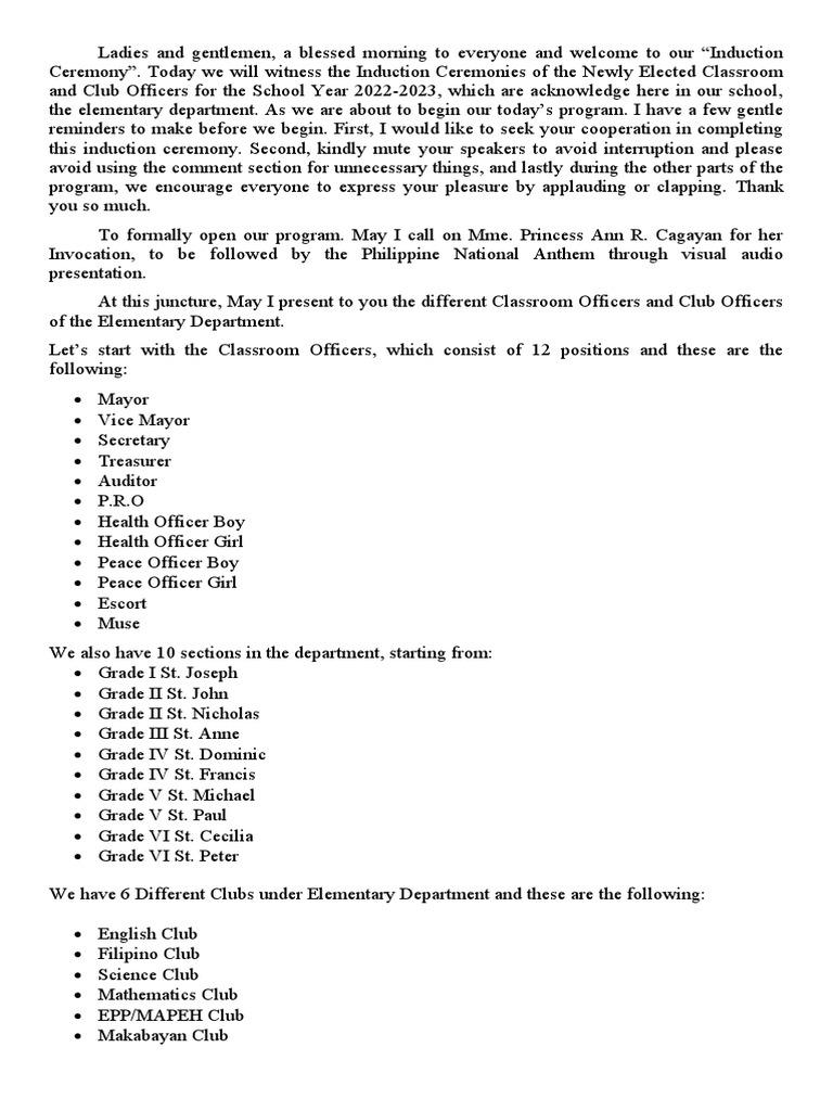 Induction of Officers Script | PDF
